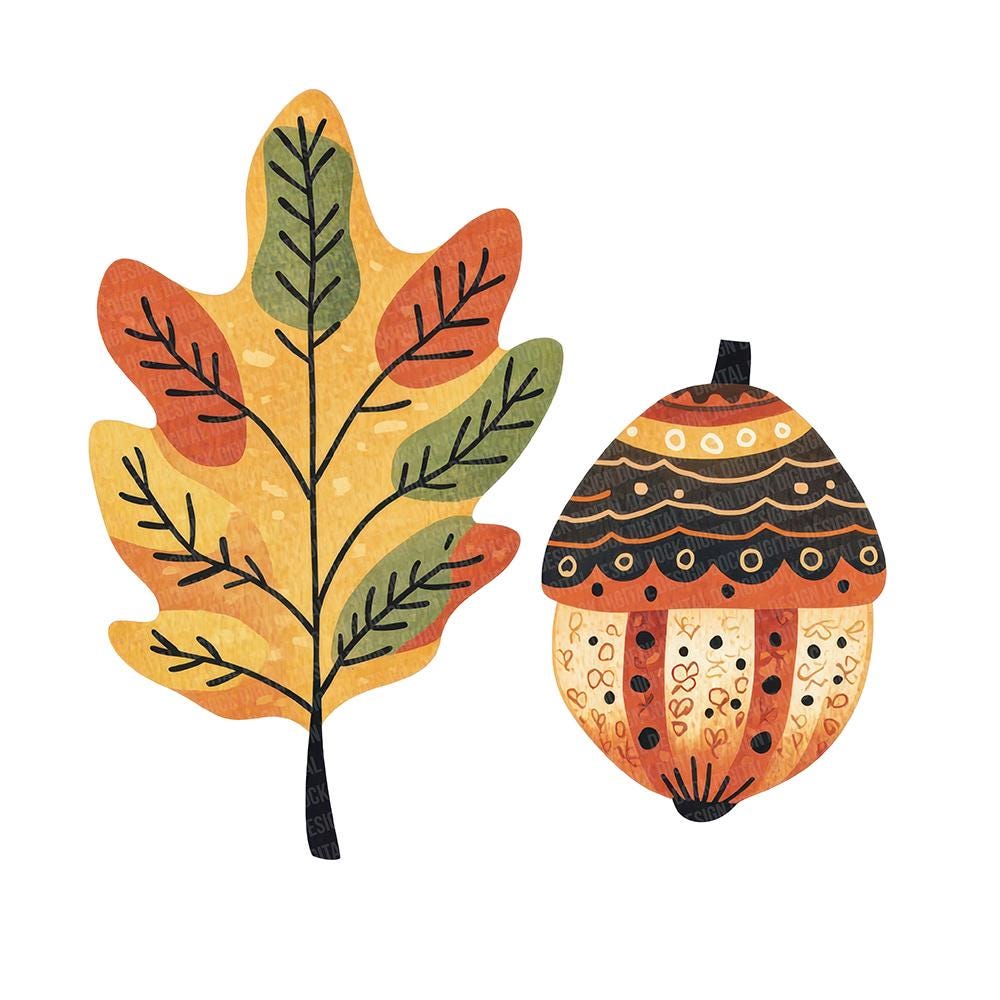 Acorn PNG Clip Art, 12x Folk Acorn and Leaf Clipart Set, Printable ...