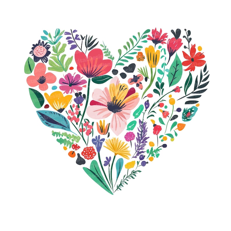 Heart Floral Clipart Set, 12 Vibrant Nature Illustrations, Printable ...