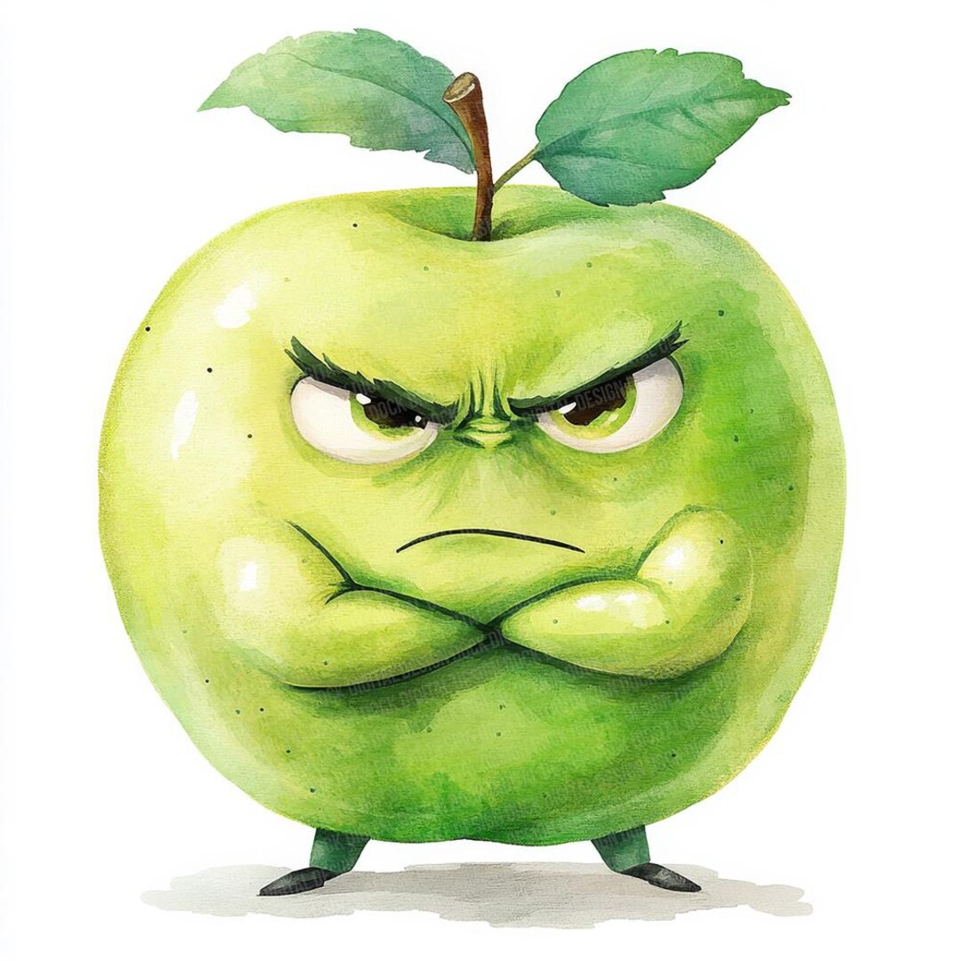 Grumpy Apple PNG Clip Art, 12x Funny Green Apple Clipart Set ...
