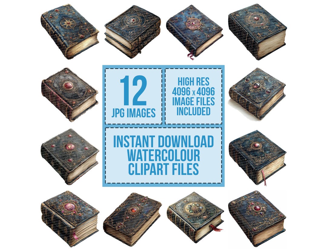 Gothic Spell Book Clipart, 12 High Quality Jpgs, Watercolor Enchanted ...