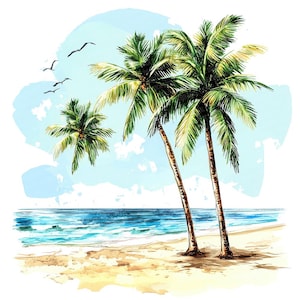 12x Palm Tree Beach PNG Clipart, Watercolor Ocean Clip Art Set ...