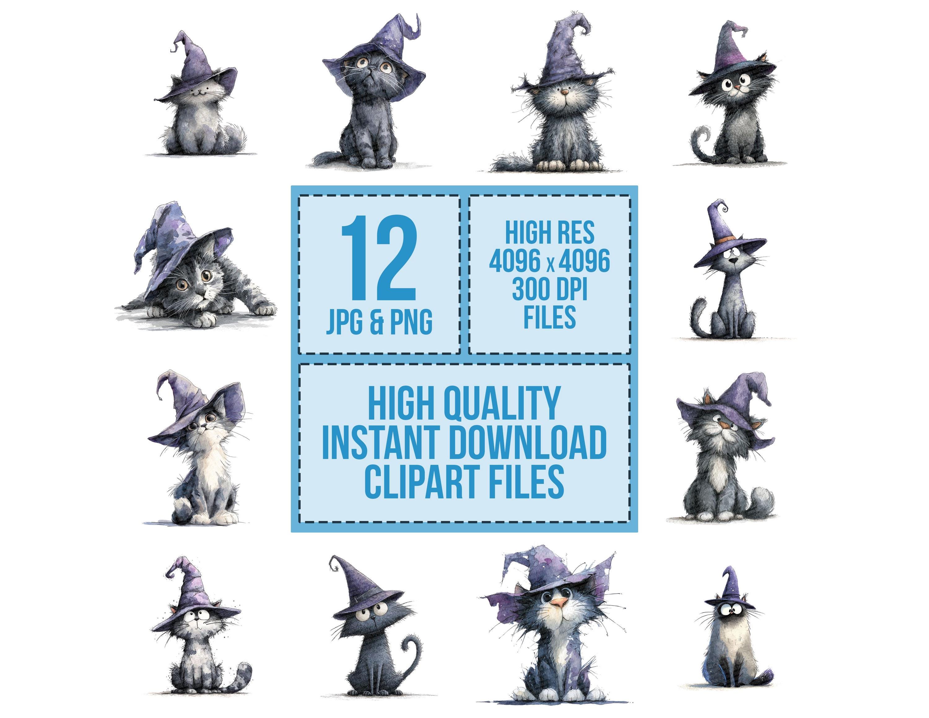 Witch Cat PNG Clipart, 12 Watercolor Halloween Cat Clip Art Set ...