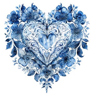 12 Lace Floral Heart Clipart, Blue Watercolor Clipart, Printable ...