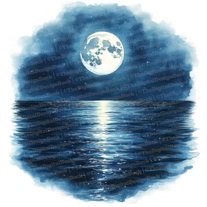 12 Moon Over Water Clipart, Watercolor Full Moon Reflection, Printable ...