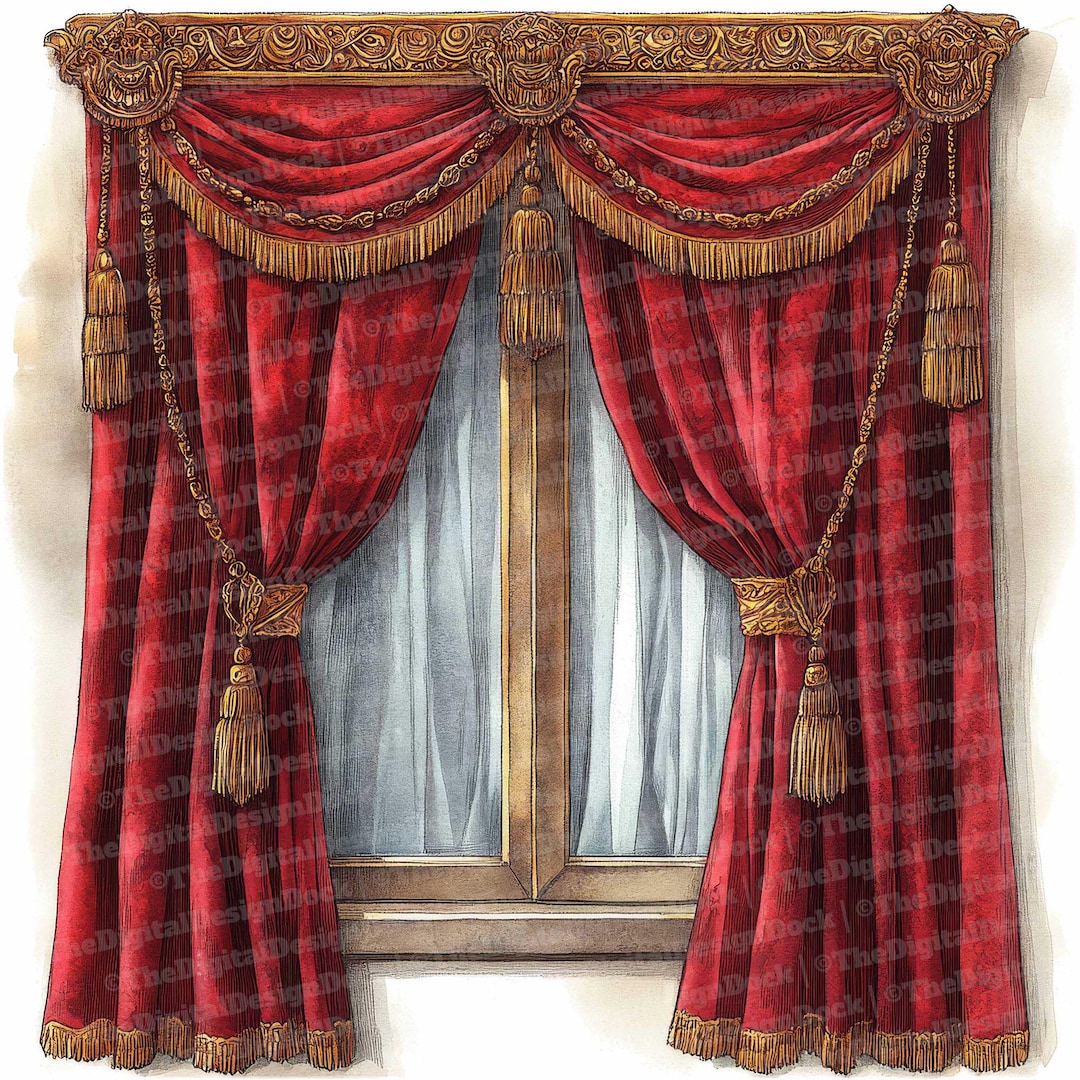 12x Vintage Red Curtains Clipart, Ornate Tassel Curtain Clipart ...