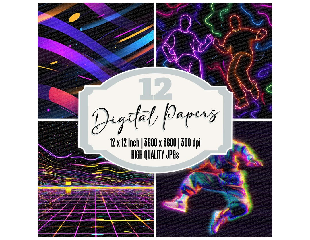 12x 90s Retro Neon Junk Journal Paper Digital Paper Pack Vivid Patterns ...