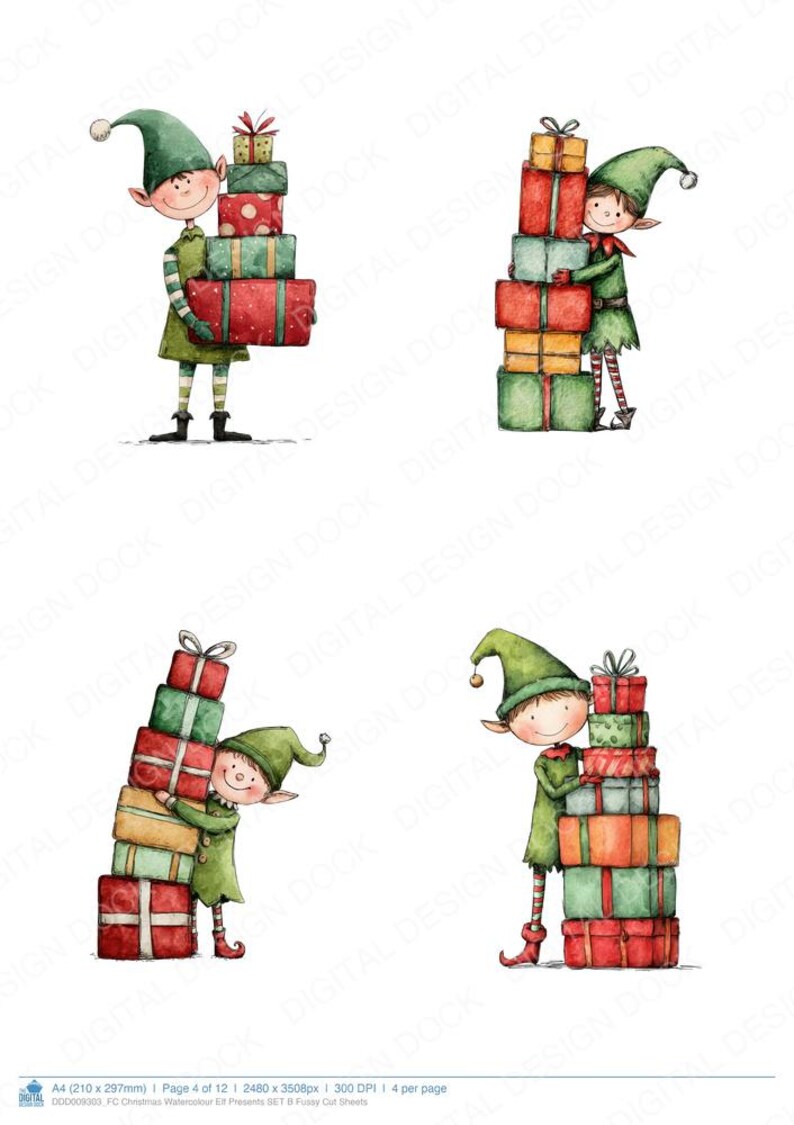 Christmas Watercolour Elf Presents Fussy Cut Sheets, 12x Printable ...