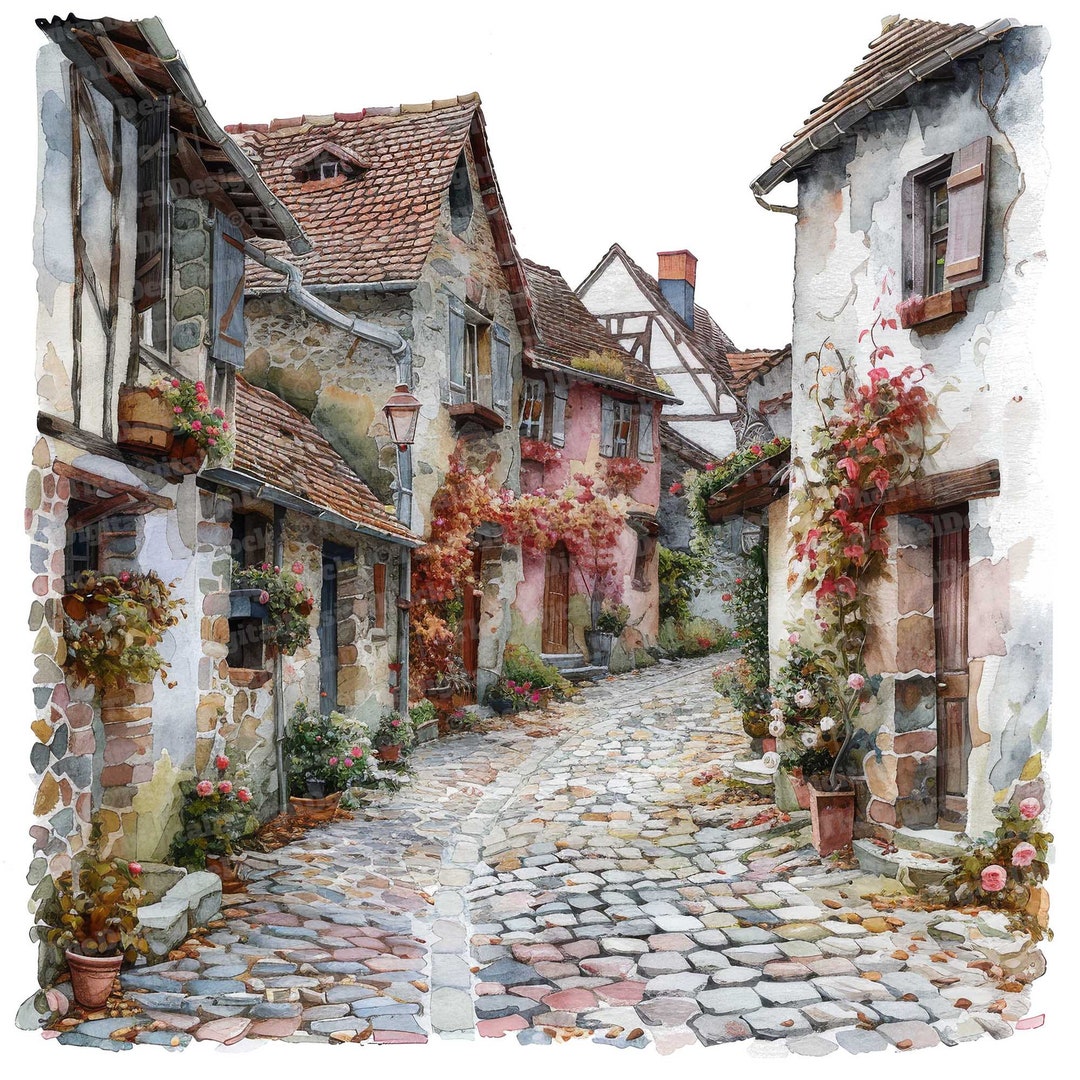 French Village Clipart, 12 Jpgs, Cobblestone Street Clipart, Printable ...