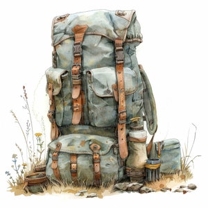 Camping Backpack Clipart, 12 Jpgs, Camp Clipart, Printable Watercolour ...