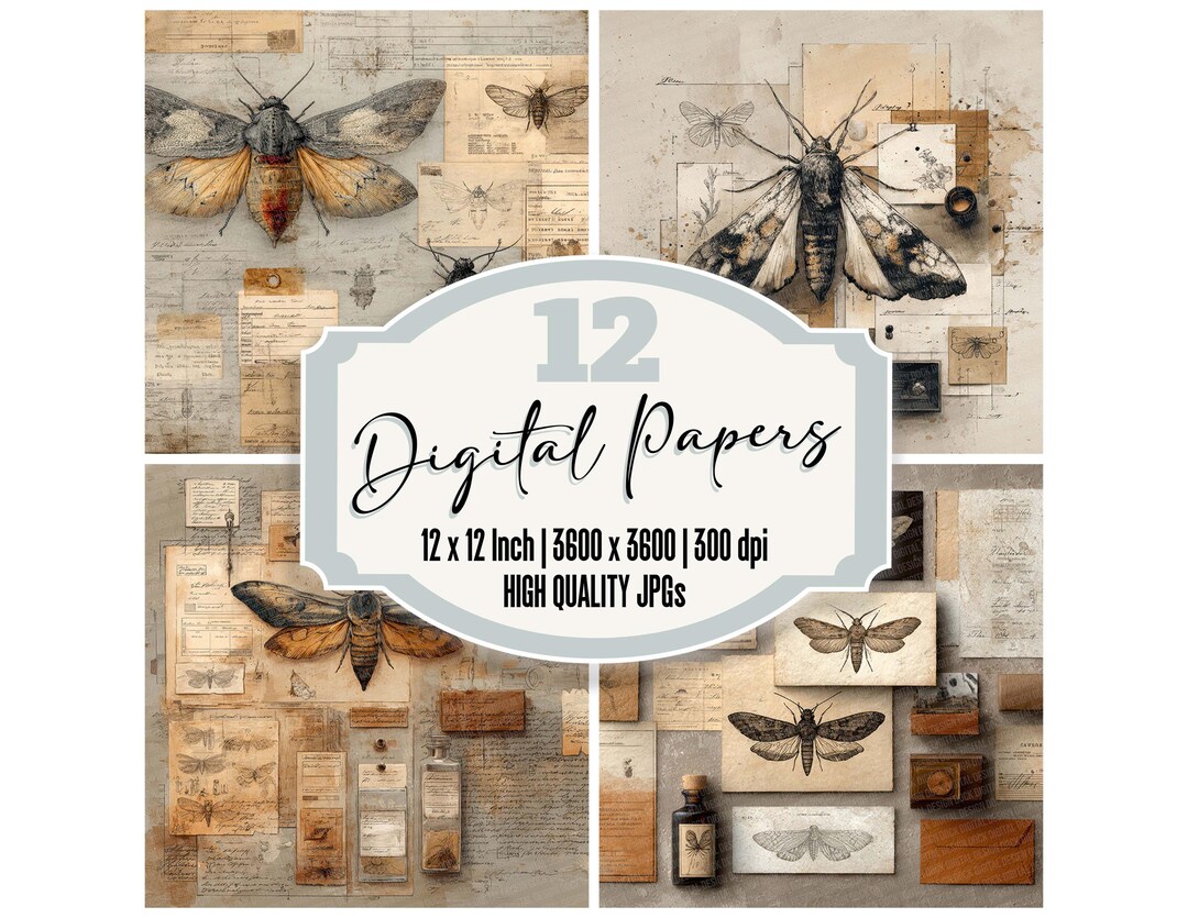 Retro Moth Specimen Digital Paper Pack 12x Junk Journal Paper Vintage ...