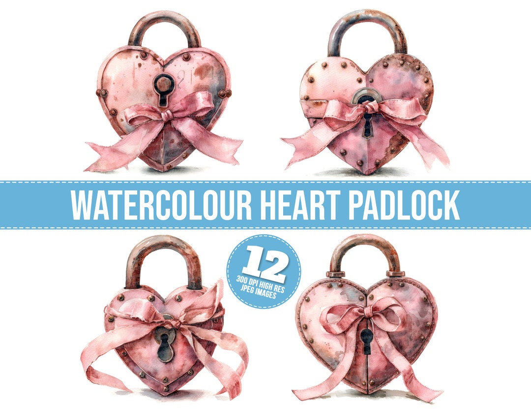 Watercolor Heart Padlock Clipart, 12 JPG, Heart Lock Printable Image ...