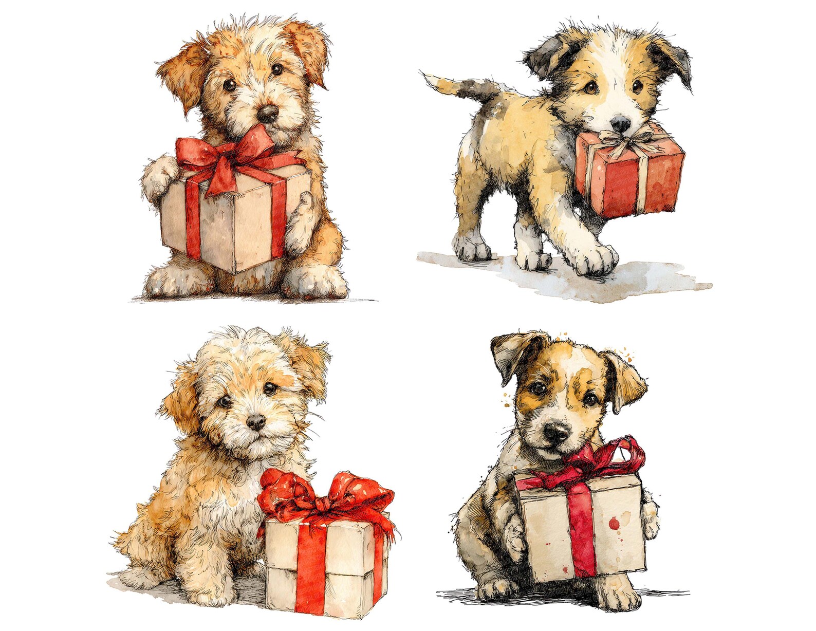 Christmas Puppy Clipart, 12x Watercolor Dogs With Presents PNG, Holiday ...