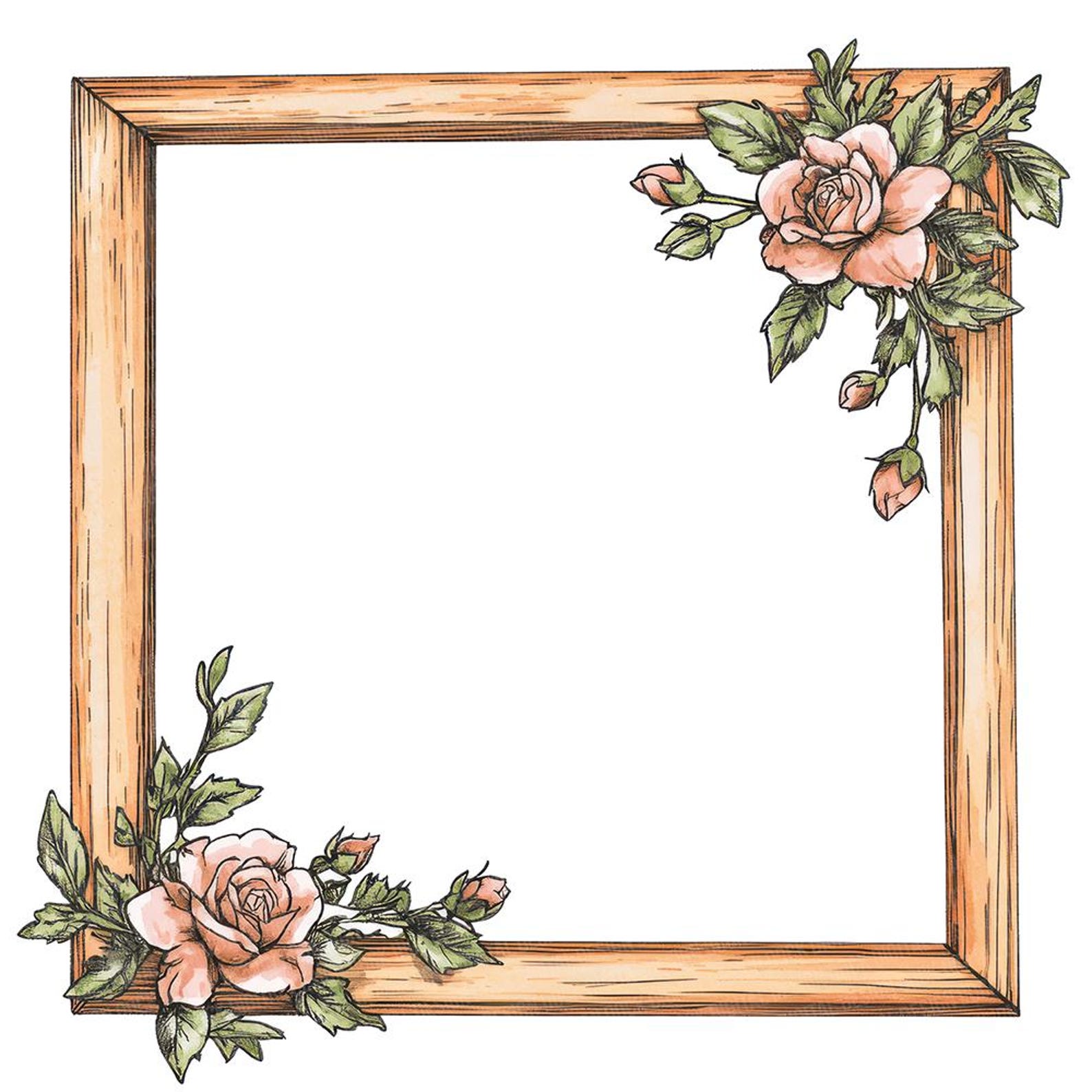 12x Wooden Frame PNG Clipart, Rose Vine Frame Clip Art Set, Watercolor ...