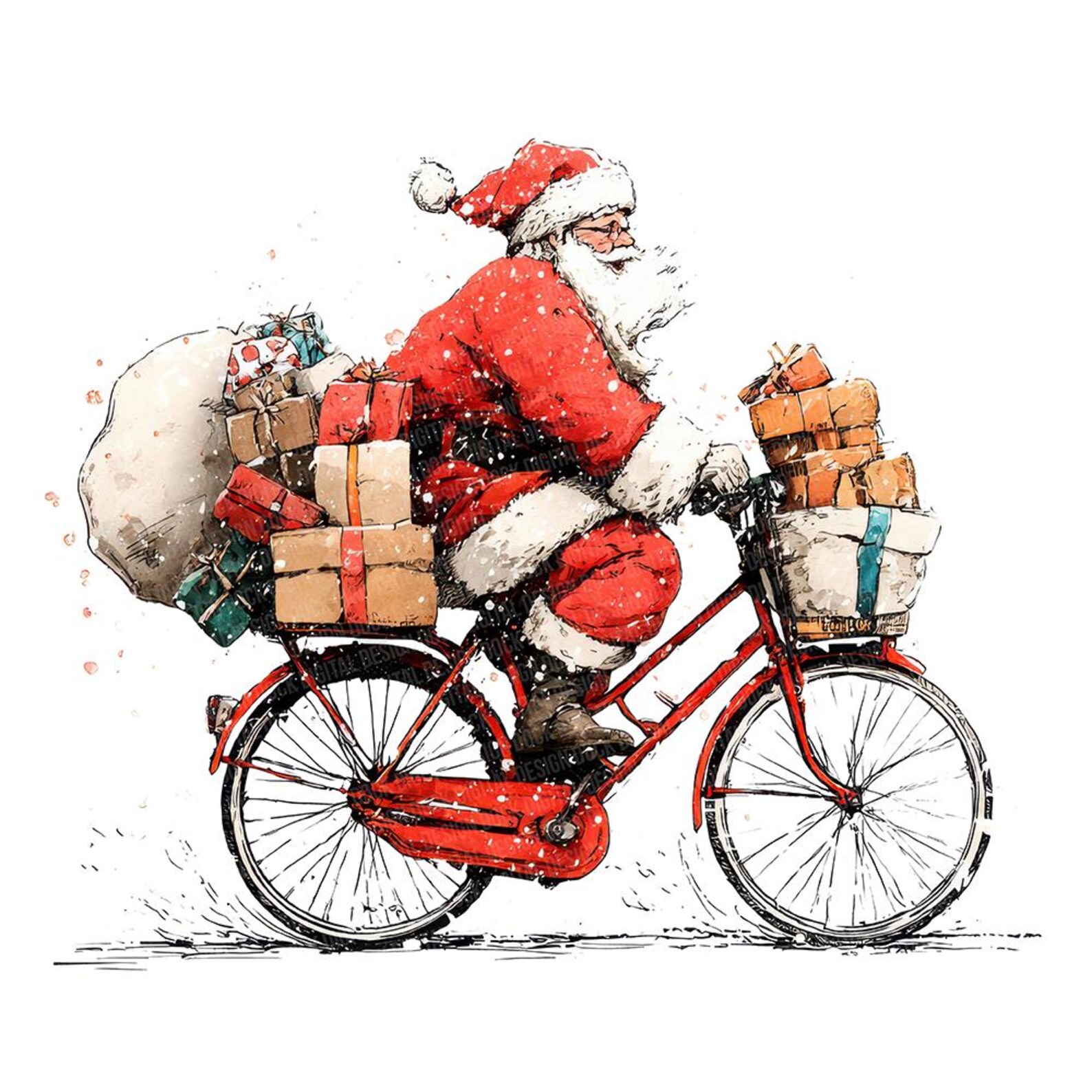 12x Santa on Bicycle PNG Clipart, Watercolor Christmas Clip Art With ...