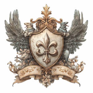 Coat of Arms Winged Crest Clipart, 12x Fleur-de-lis Watercolor Clipart ...