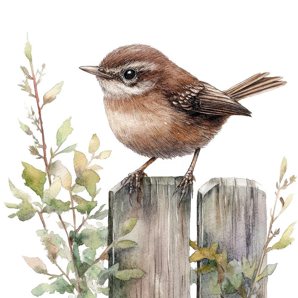 Wren PNG Clipart, 12x Birds on Fence Clip Art Set, Printable Watercolor ...