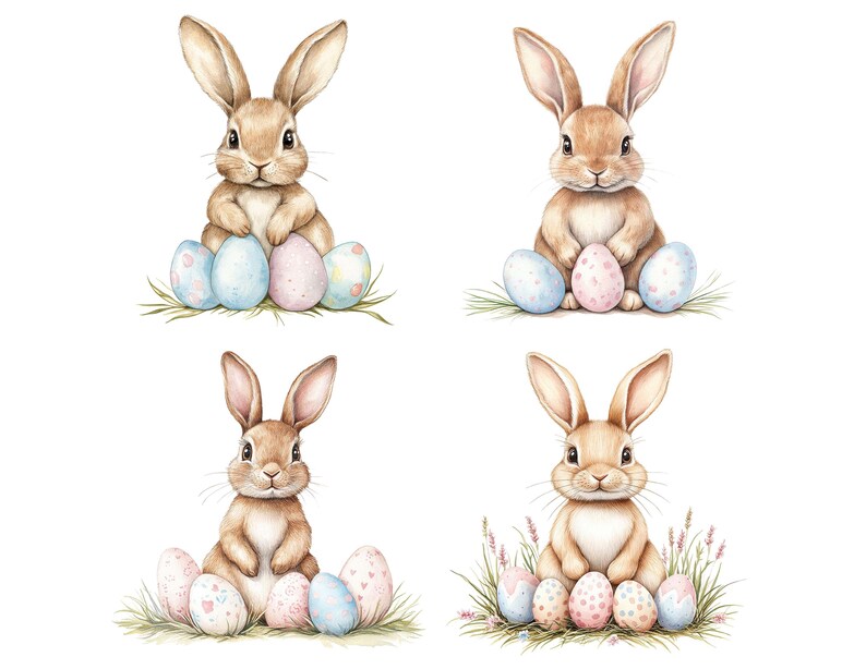 Easter Bunny PNG Clipart, 12x Watercolor Rabbit With Eggs Clip Art Set ...