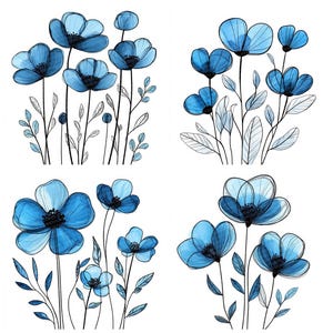 Floral Blue PNG Clip Art, 12x Watercolor Flowers Clipart, Printable ...