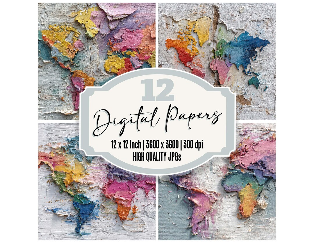 12 Painted World Wrap Junk Journal Paper Pack Colorful World Map and ...