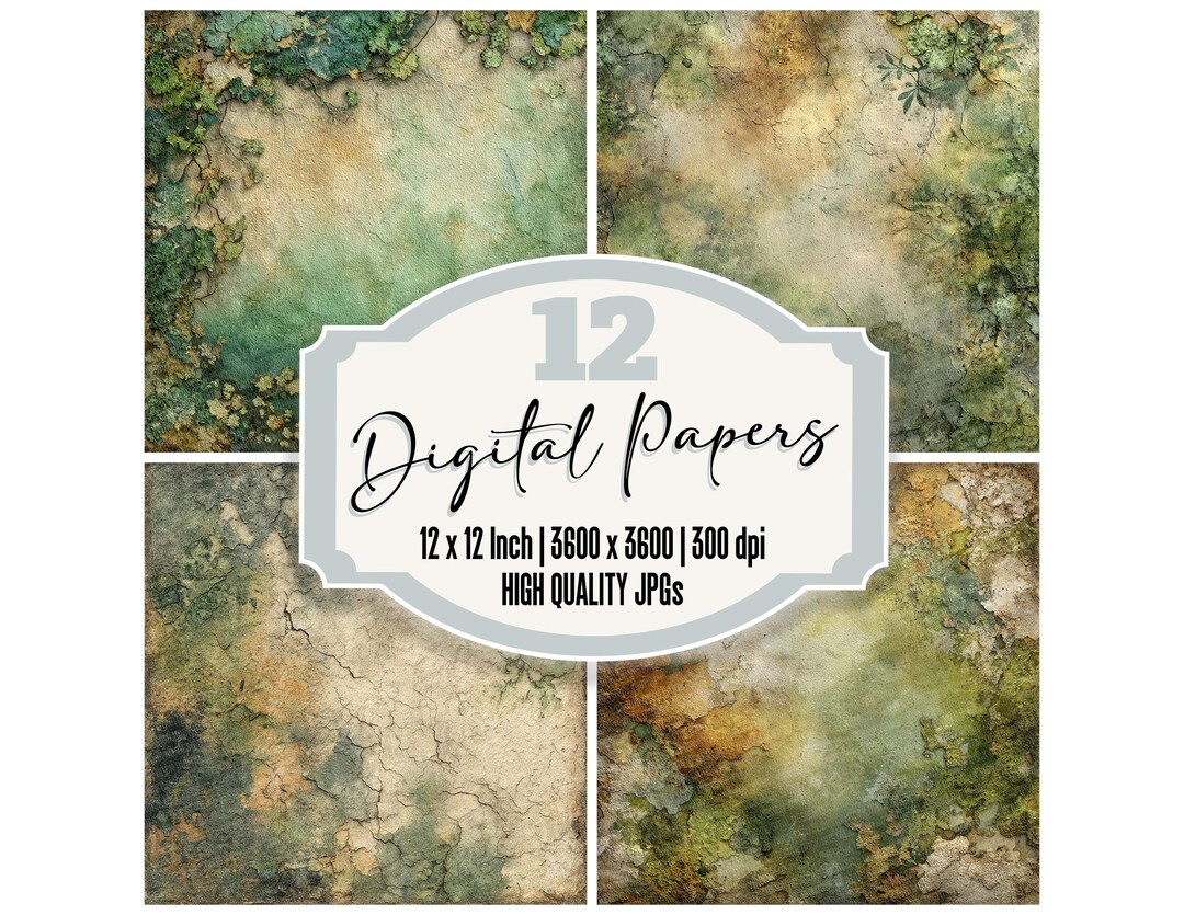 12x Lichen Marked Fade Junk Journal Paper Watercolor Green and Earthy Backgrounds Digital Paper ...
