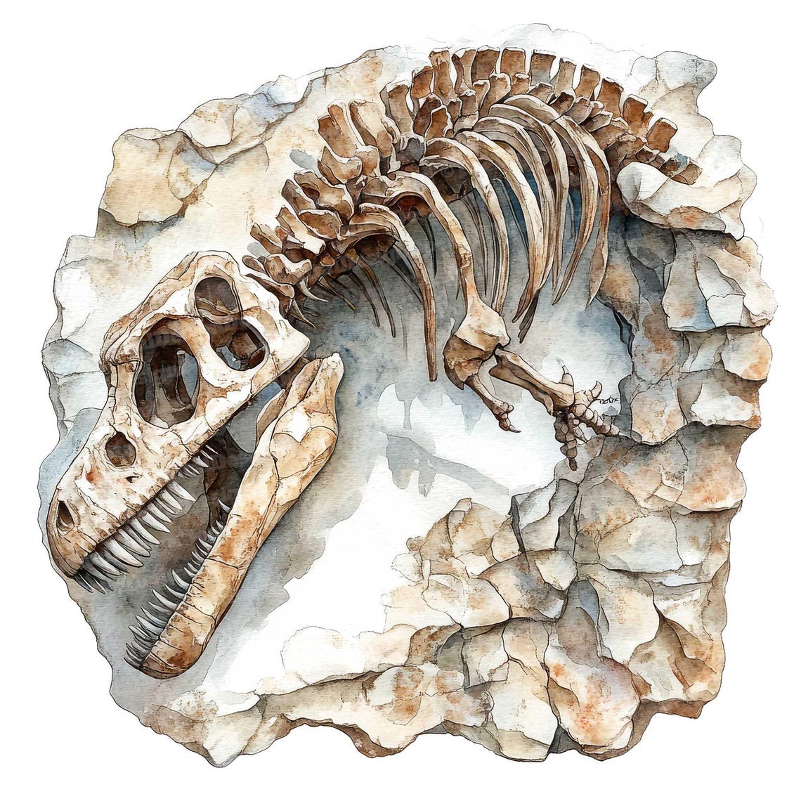 12 Dinosaur Fossil Clipart, Watercolor Prehistoric Skeleton, Printable ...