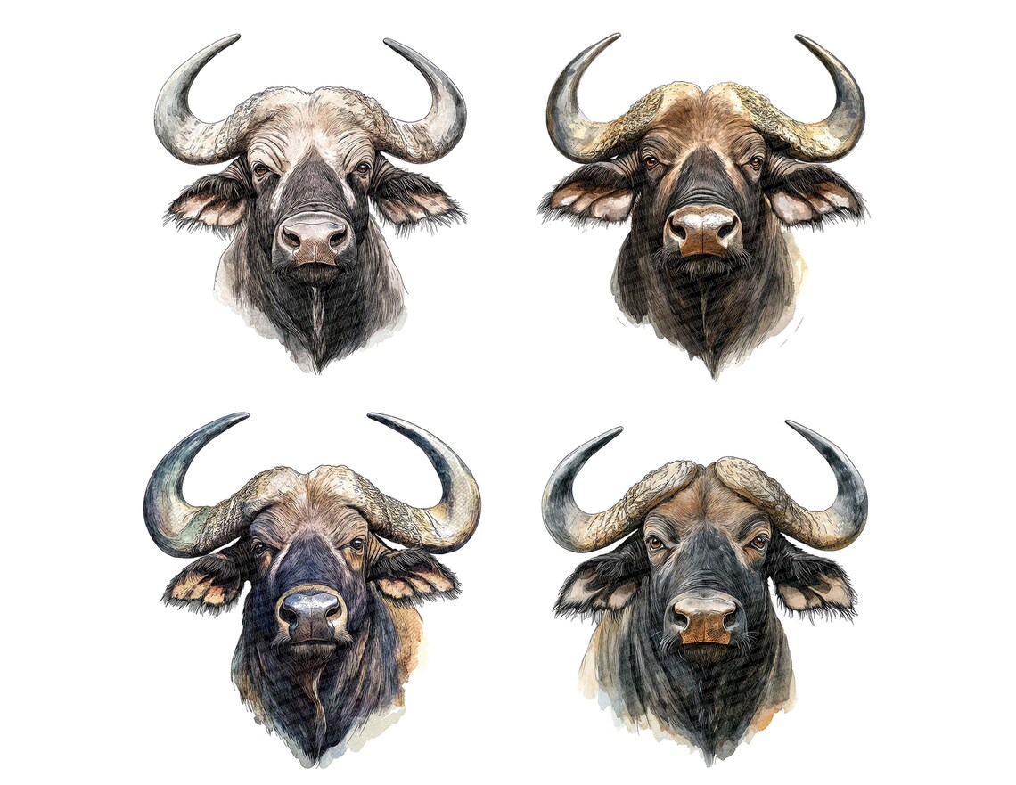 12 African Buffalo Head Clip Art, Watercolor Buffalo Animal PNG ...