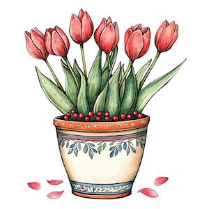 Folk Floral Pot Clipart, 12x Flower Pots With Tulips Clip Art Set ...