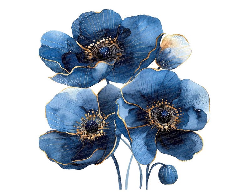 Midnight Blue Flower Clipart, 12x Watercolor Floral Clip Art Set ...