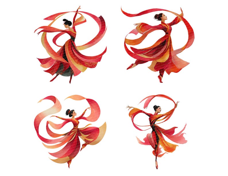 12x Flowing Ribbon Dance Clipart, Watercolor Traditional Dancer Clip ...