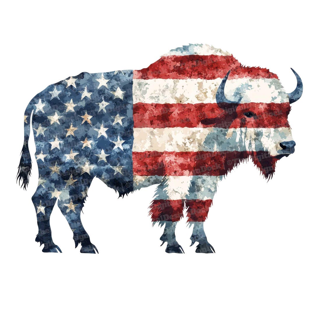 12 American Flag Bison Watercolor Clipart, Patriotic Buffalo Art ...