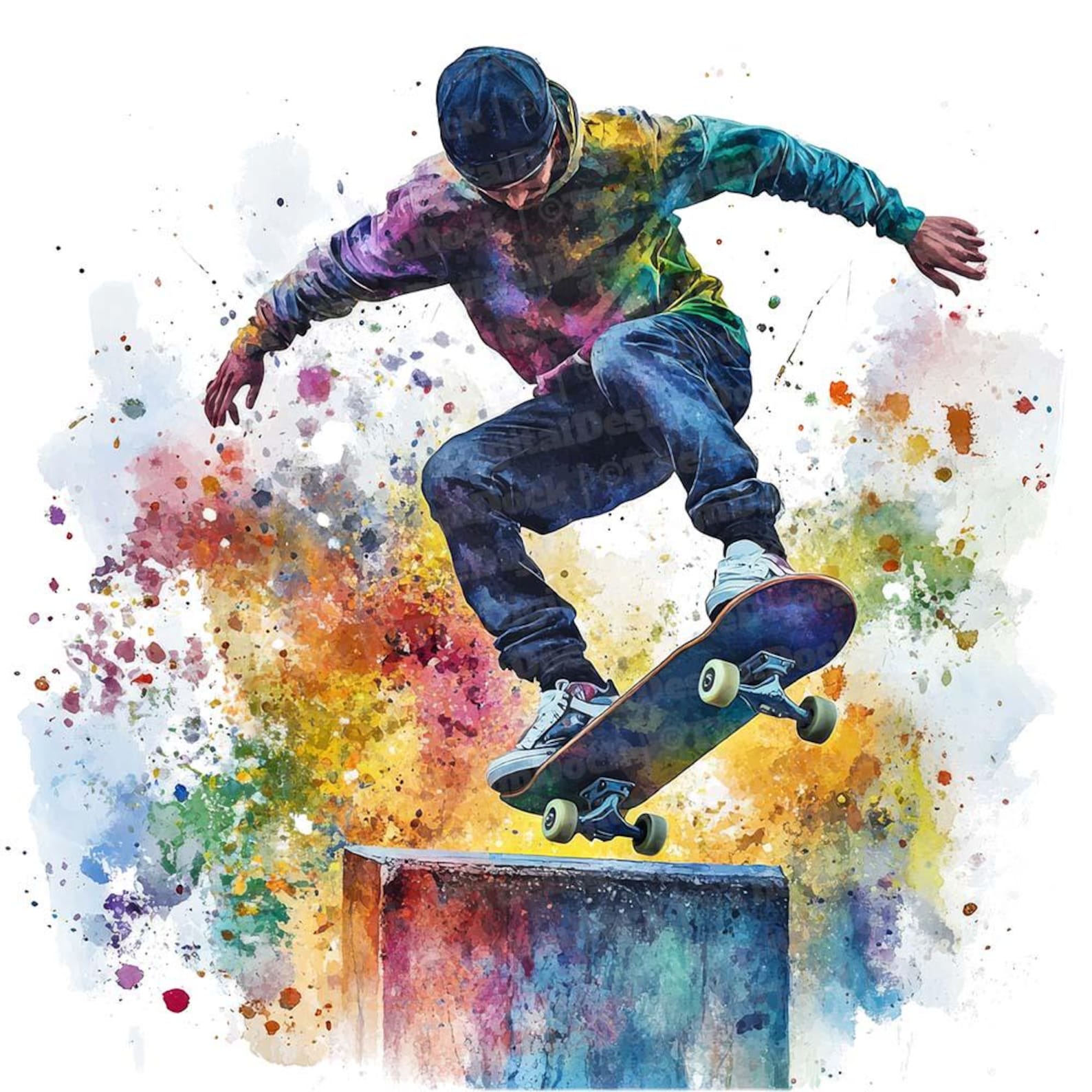 Skateboarder Clip Art, 12x Watercolor Skateboarding Clipart Set ...