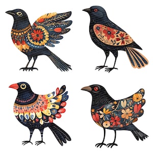 Folk Crow PNG Clipart, 12x Floral Crow Clip Art Set, Printable ...