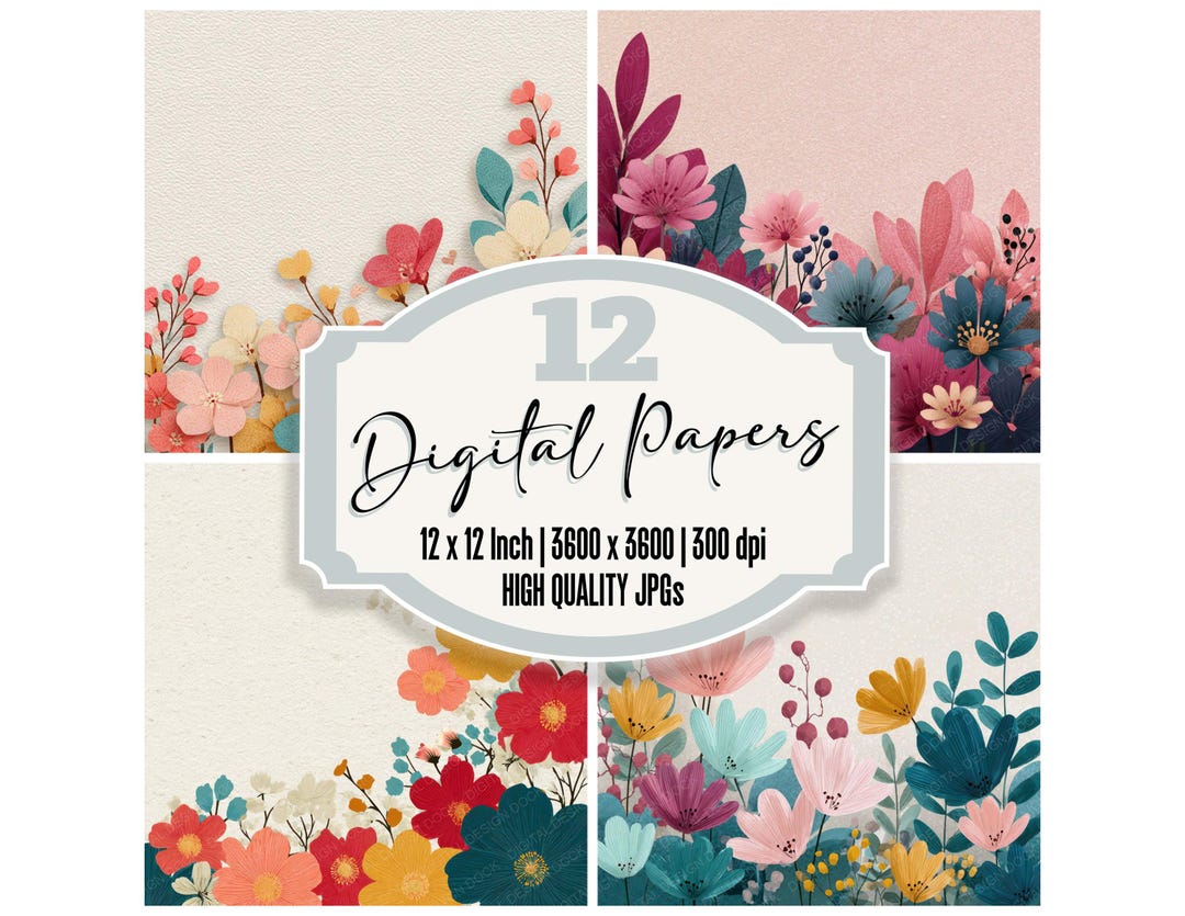 12x Cartoon Floral Border Digital Paper Pack Colorful Flower Corner ...