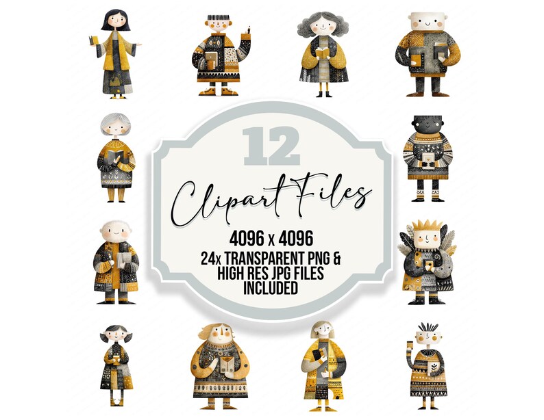 12x Teacher Character PNG Clipart, Folk Art School Teacher Clip Art Set ...