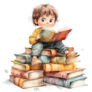 12x Child Reading Clipart, Watercolor Vintage School Reading Boy Girl ...
