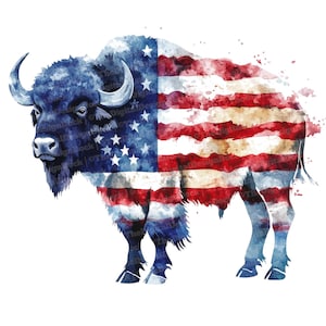 12 American Flag Bison Watercolor Clipart, Patriotic Buffalo Art ...