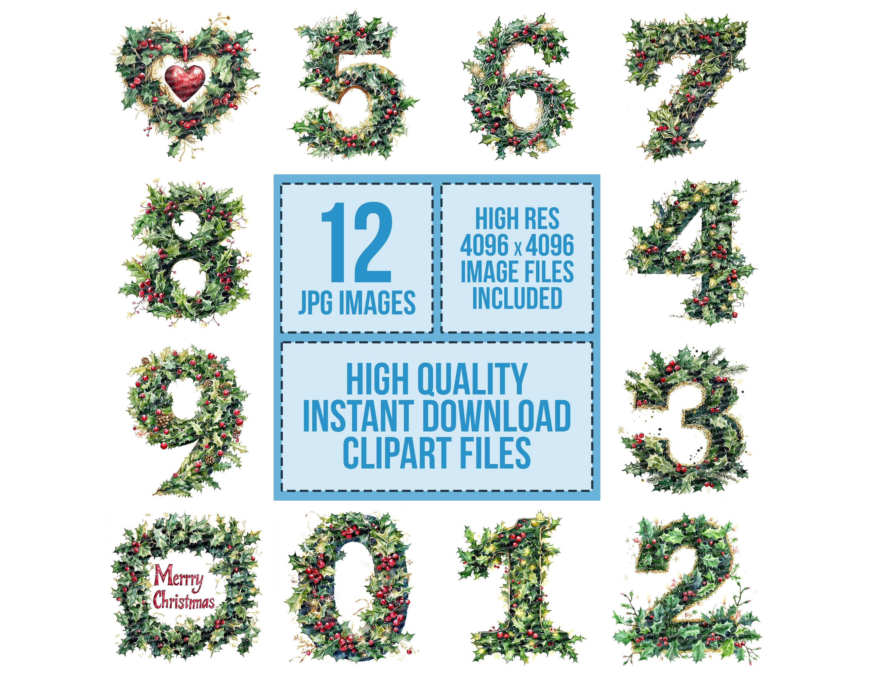 12 Christmas Numbers Clip Art, Watercolor Holiday Numbers Clipart Set ...