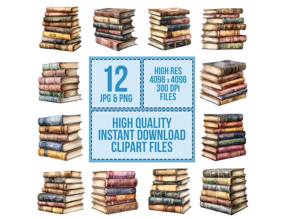 Vintage Books PNG Clipart, 12x Watercolor Antique Book Illustrations ...