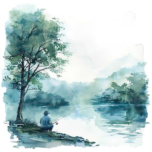 Fishing Scene Clipart, 12 Jpgs, Watercolor Lake Clipart, Printable ...