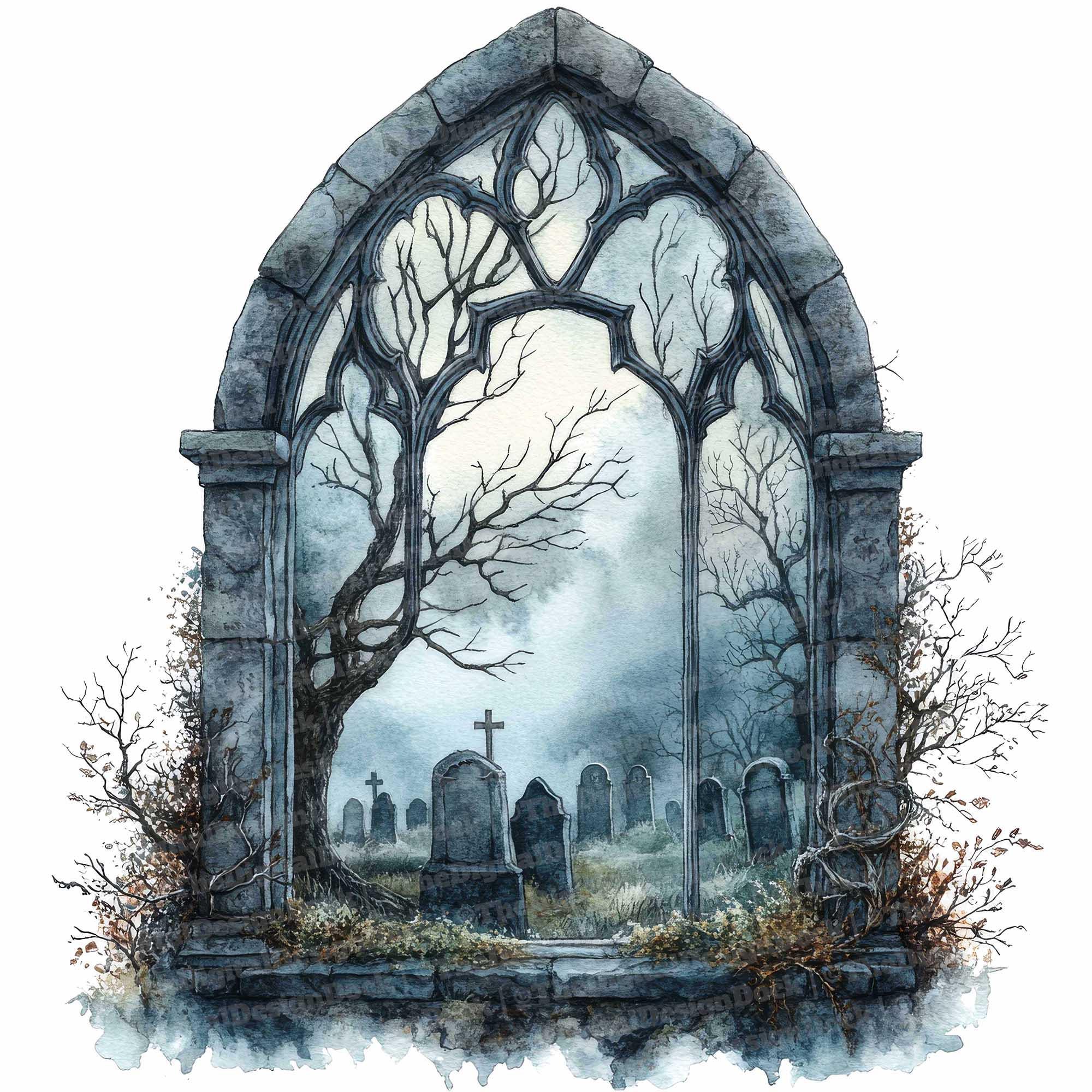 12x Gothic Cemetery Clipart, Haunted Graveyard Window, Printable ...