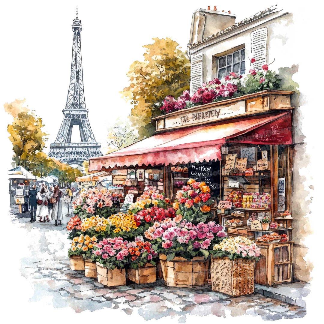 12 Paris Flower Market Watercolor Clipart, Eiffel Tower Scene, Floral ...