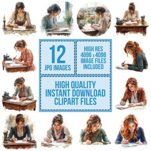 12 Woman Writing Watercolor Clipart, Woman Writing Art, Printable ...