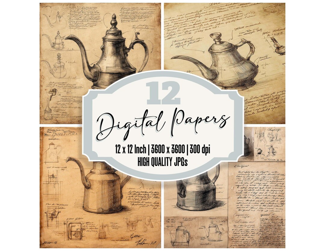 12x Kettle Curved Spout Sketch Junk Journal Paper Vintage Drawing ...