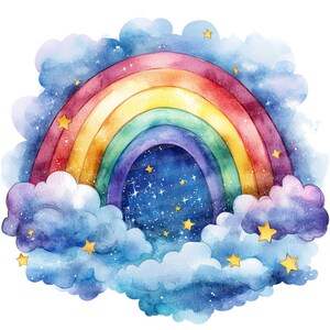 12x Rainbow and Clouds Clipart, Watercolor Stars and Rainbow, Printable ...