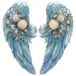 Seashell Angel Wings PNG Clipart, 12x Watercolor Coastal Clip Art Set ...