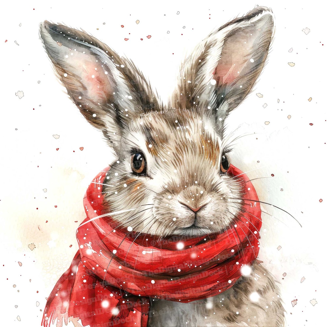 12 Winter Bunny Clipart, Rabbit in Scarf Clipart, Printable Watercolor ...