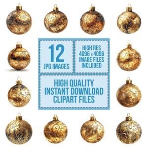 12x Gold Christmas Bauble Clipart, Festive Holiday Decorations ...