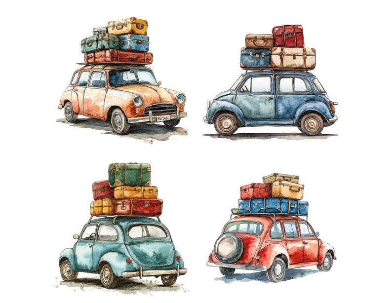 12 Retro Travel Car PNG Clipart, Suitcases on Roof Watercolor ...