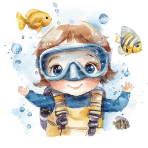 Scuba Diver Kid Clip Art, 12x Underwater Adventure Watercolor Clipart ...