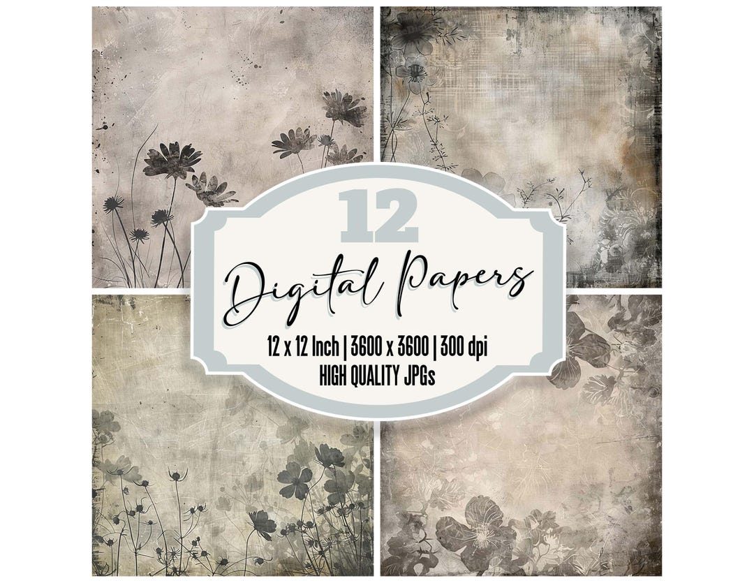 12x Grayscale Floral Junk Journal Paper, Vintage Botanical Digital ...